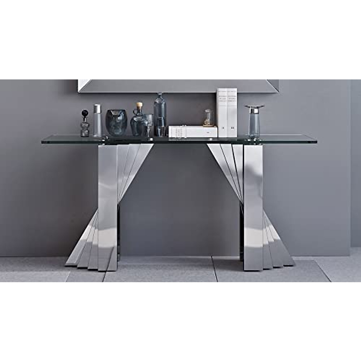 Modern Falcone Console Table - Clear Glass with Polished Stainless Steel Base