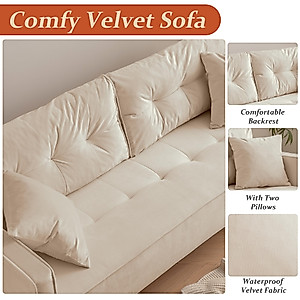 mikibama Modern Velvet Loveseat Sofa, 70" Luxury 3 Seater Couch with 2 Pillows, Comfy Upholstered Sofa Couches for Living Room, Bedroom, Apartment, Small Space(Beige)