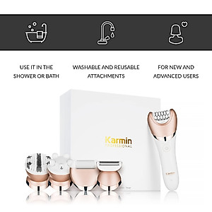 Karmin 5 in1 Wet Dry Epilator for Women Hair Removal, Cordless Electric Shaver, Trimmer, Facial, Body, Arm, Leg Hair Remover, USB Rechargeable, Waterproof, Shave, Exfoliate, Smooth, Buff, Massage