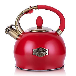 SUSTEAS Stove Top Whistling Tea Kettle-Surgical Stainless Steel Teakettle Teapot with Cool Touch Ergonomic Handle,1 Free Silicone Pinch Mitt Included,2.64 Quart(RED)