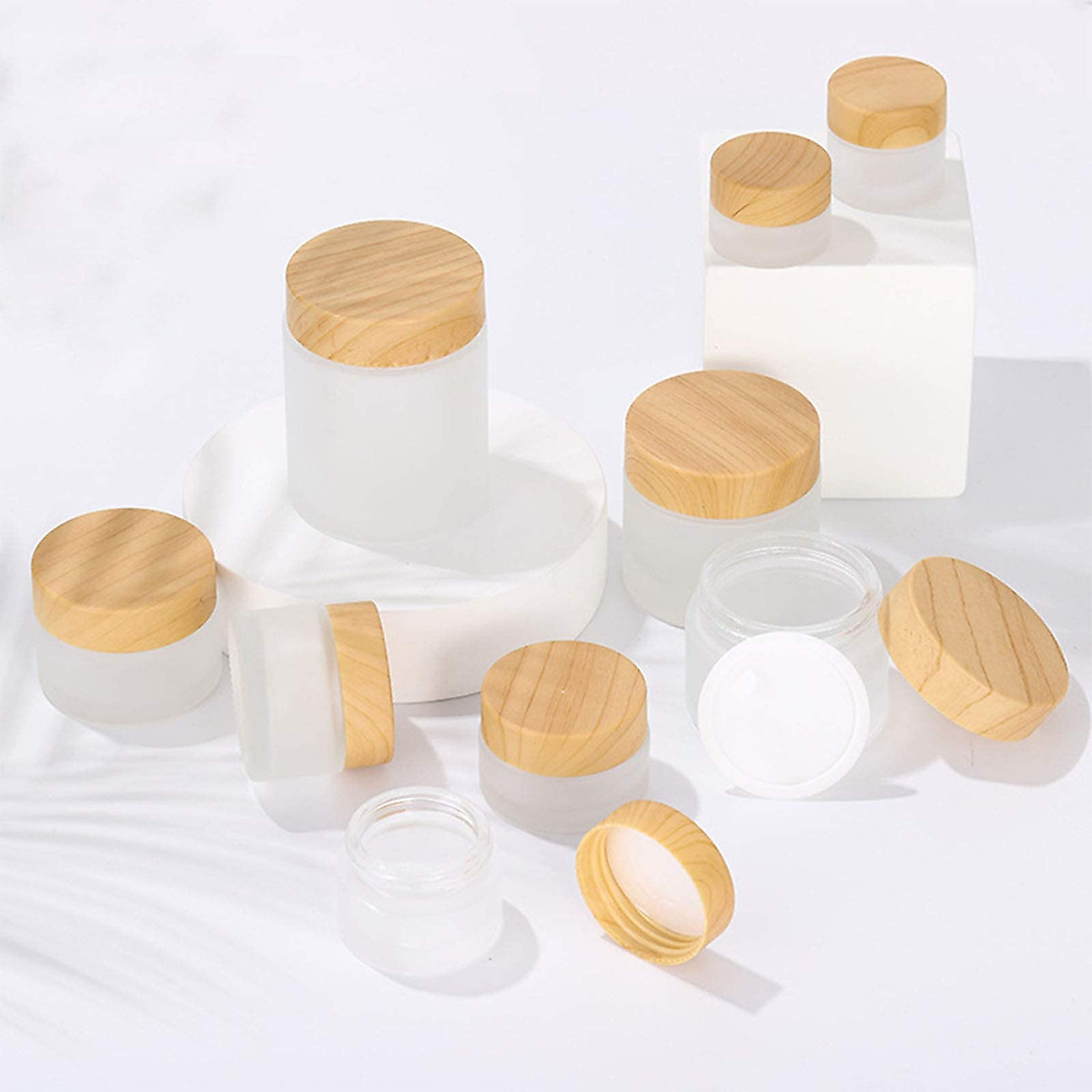 4 Pack 1oz Frosted Glass Cosmetic Cream Jar Bottle Refillable Glass Face Cream Pot Cosmetics Container With Plastic Wood grain lids and Inner Liners For Face Cream Eye Cream Lip Balm Ointments Salves