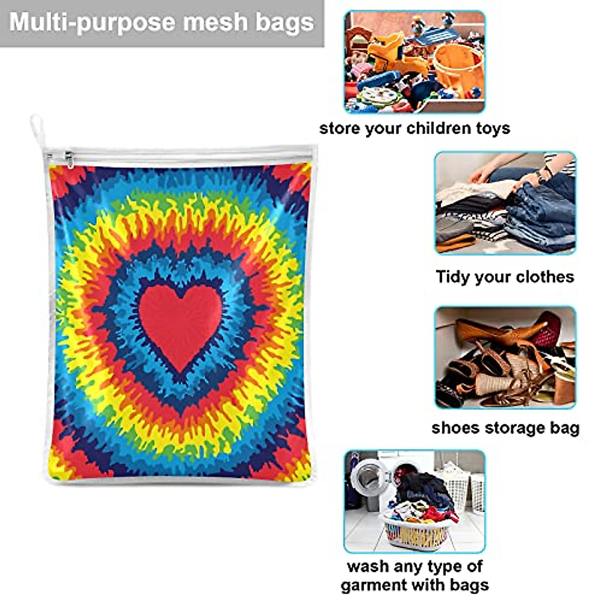 Poeticcity Colorful Heart, Love, Rainbow Tie Dye Background 2 Pack Polyester Reusable Machine Washable Mesh Laundry Bags, Travel Dirty Bag for Bra, Socks, Shoes on Home Camp Trip