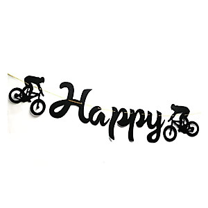 Paity Black Bicycle Happy Birthday Banner Bike Sports Theme Garland for Boy Baby Shower Party Decors Sport Charms Bachelorette Pre-strung (Black)
