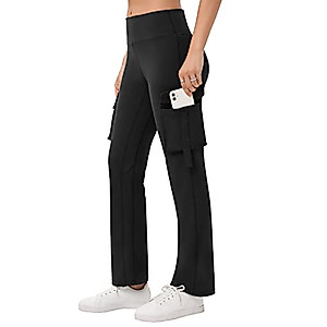 GymSmart Mid Waisted Yoga Cargo Pants for Women Stretch Bootcut Casual Pants Black