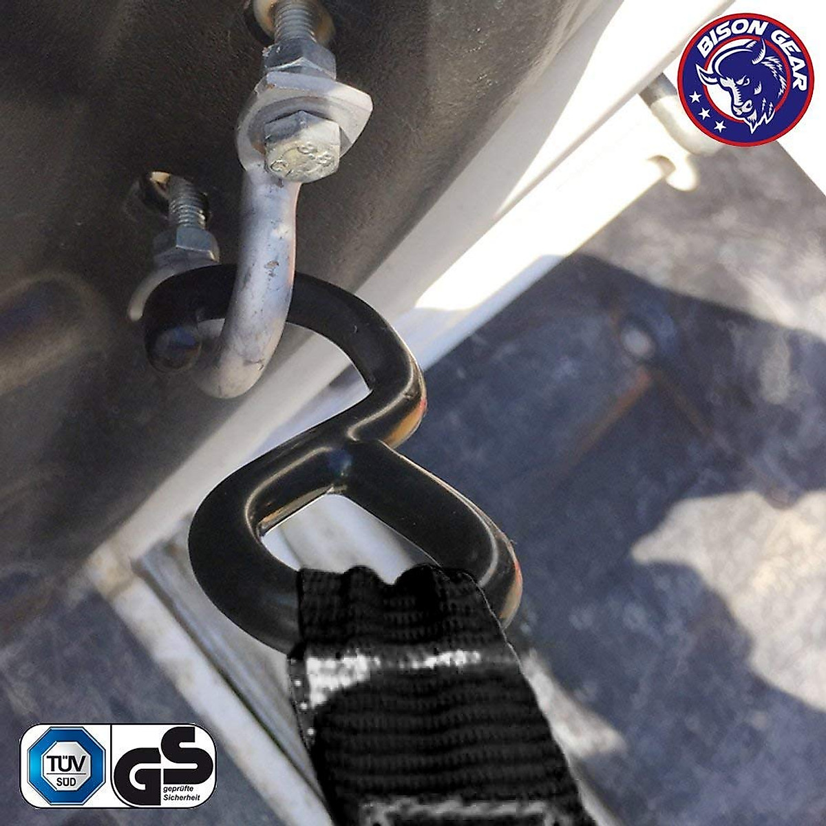 Ratchet Tie Down Straps 20ft 4 Pack by Bison Gear® UV Resistant 2200lb Heavy Duty Cargo Straps with Ergonomic Rubber Grips & Coated Deep S Hooks - Safety Standards Certified (Black)