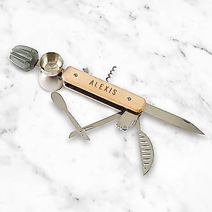 GAM Mixology Bartender Personalized Cocktail Multi Tool Silver Wood Bar Tools Engraved Set for Drink Mixing - Bar Tools: Corkscrew, Jigger, Strainer, Bar Mixer Spoon, Tongs, Opener Bartender Gift Idea