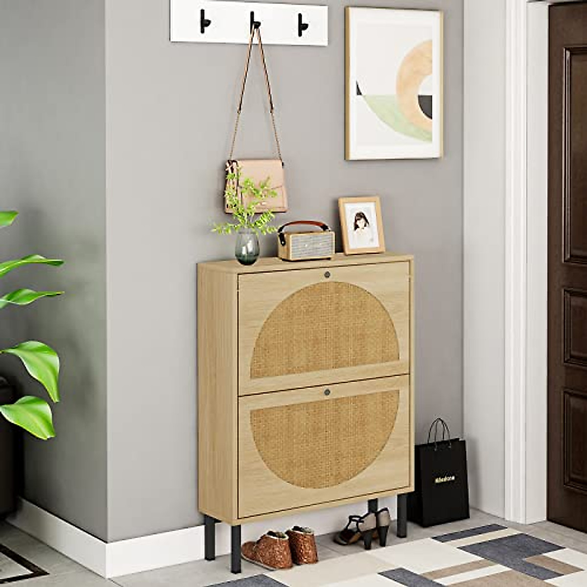 Yoluckea Rattan Shoe Cabinet, Shoe Cabinet Rack with Natural Rattan Weave Doors Design and 2 Flip Down Drawers, Narrow Shoe Cabinet with Metal Legs, Freestanding Wood Shoe Organizer (Light Brown)