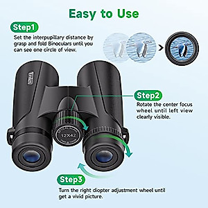 12x42 HD Binoculars for Adults & Kids,Super Bright High Power Binoculars with Large view,Clear Low Light Night Vision,BAK4,FMC Prisms,Waterproof Compact Binoculars for Hunting,Bird Watching,Stargazing
