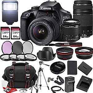 Canon EOS 4000D (Rebel T100) DSLR Camera w/18-55mm F/3.5-5.6 Zoom Lens + 75-300mm F/4-5.6 III Lens + 2X 64GB Memory + Hood + Case + Filters + Tripod + More (35pc Bundle)
