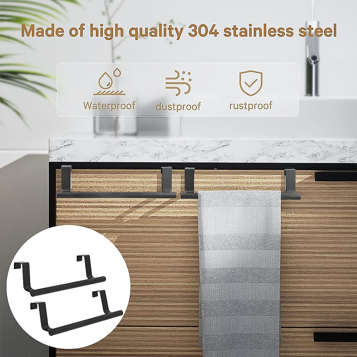 2Pcs Black Towel Rack,Hangable Cabinet Door Towel Rack,Stainless Steel Over The Door Towel Bar for Home and Hotel,Universal Fit on Kitchen Bathroom Over Cabinet Cupboard(36cm)