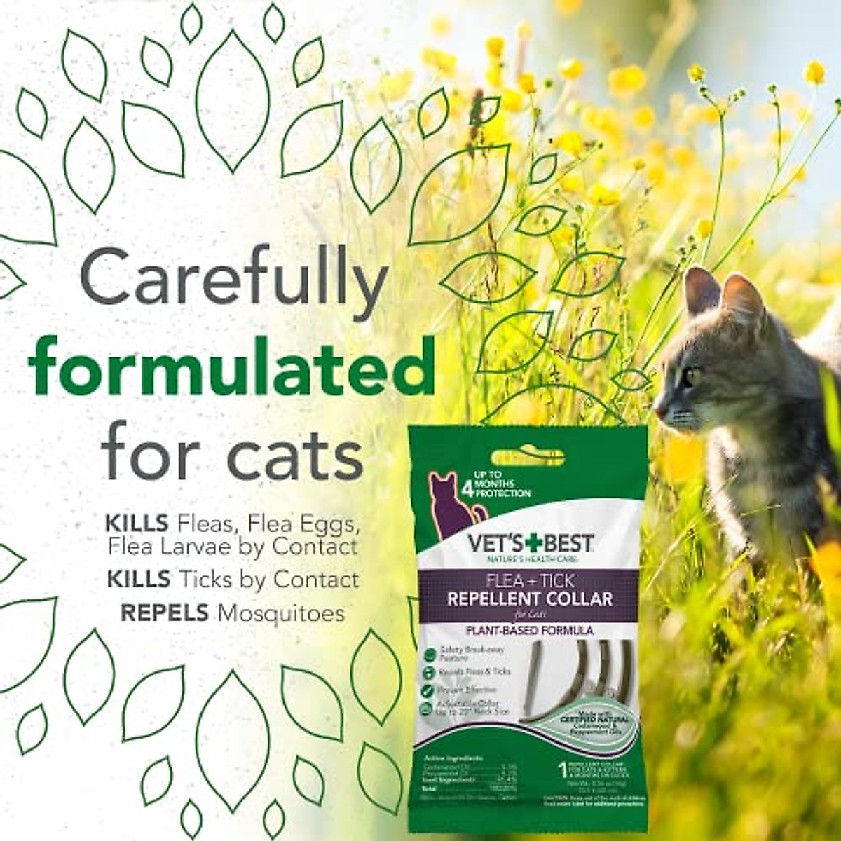 Vet's Best Flea and Tick Repellent Collar for Cats - Flea and Tick Prevention for Cats - Plant-Based Ingredients - Certified Natural Oils - Up to 20” Neck Size