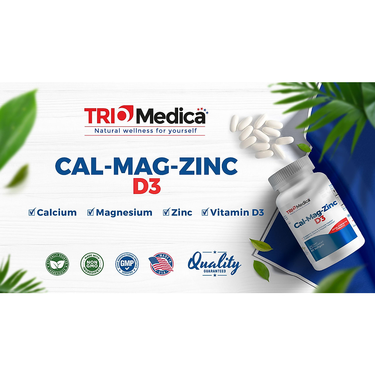 Cal-Mag-Zinc D3 Dietary Supplement (Calcium Magnesium Zinc & Vitamin D3) | Immune, Bones & Teeth Support | Non-GMO | Vegan | Gluten Free | Dairy Free | Kosher | 60 Softgels | (60 Count (Pack of 1))