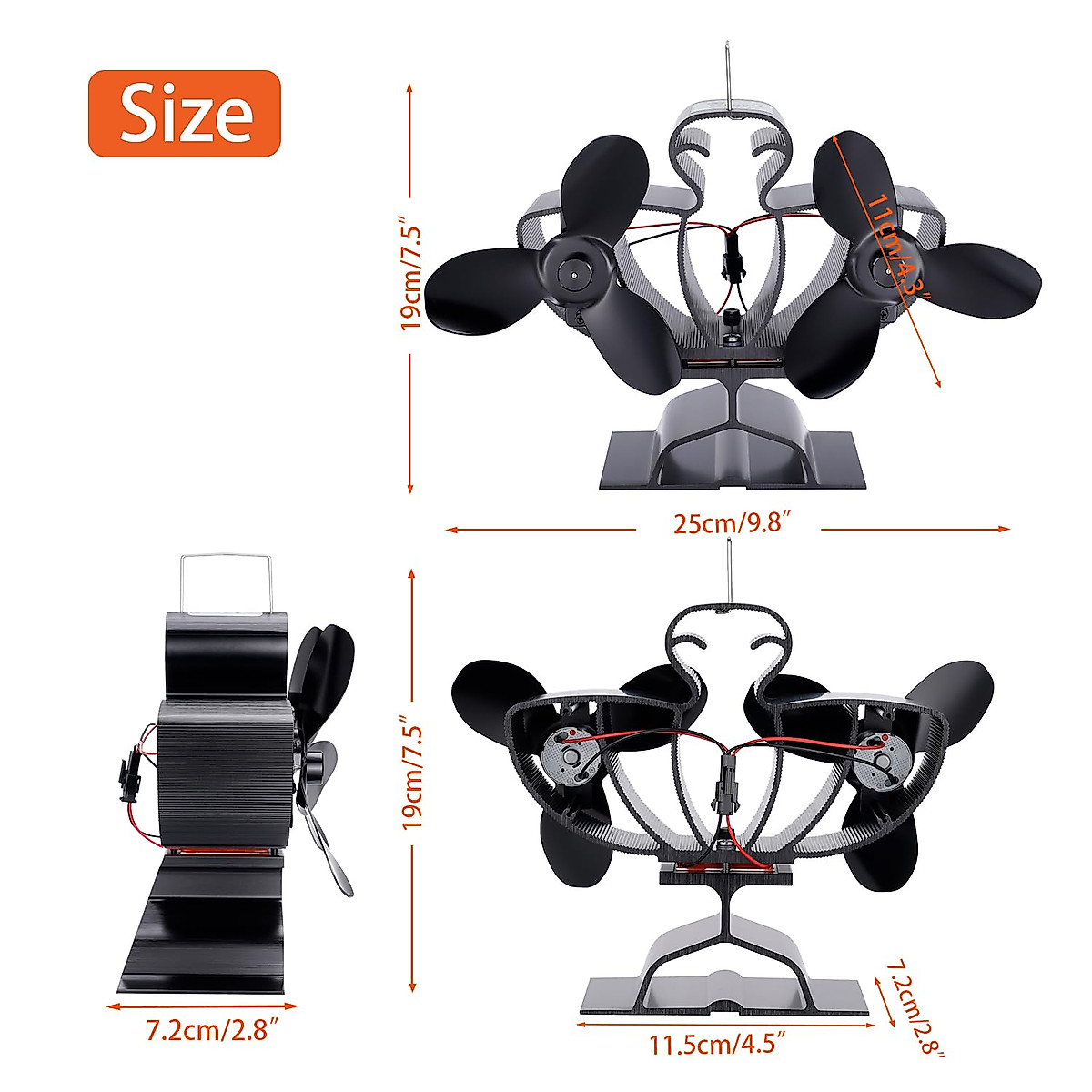 Wood Stove Fan,Double Head 6 Blade Fireplace Fan,Slient Heat Powered Stove Fan for for Gas/Pellet/Wood Burning Stove,200CFM Ecofan Komin Log Wood Burner Fan Stove Accessories Non Electric