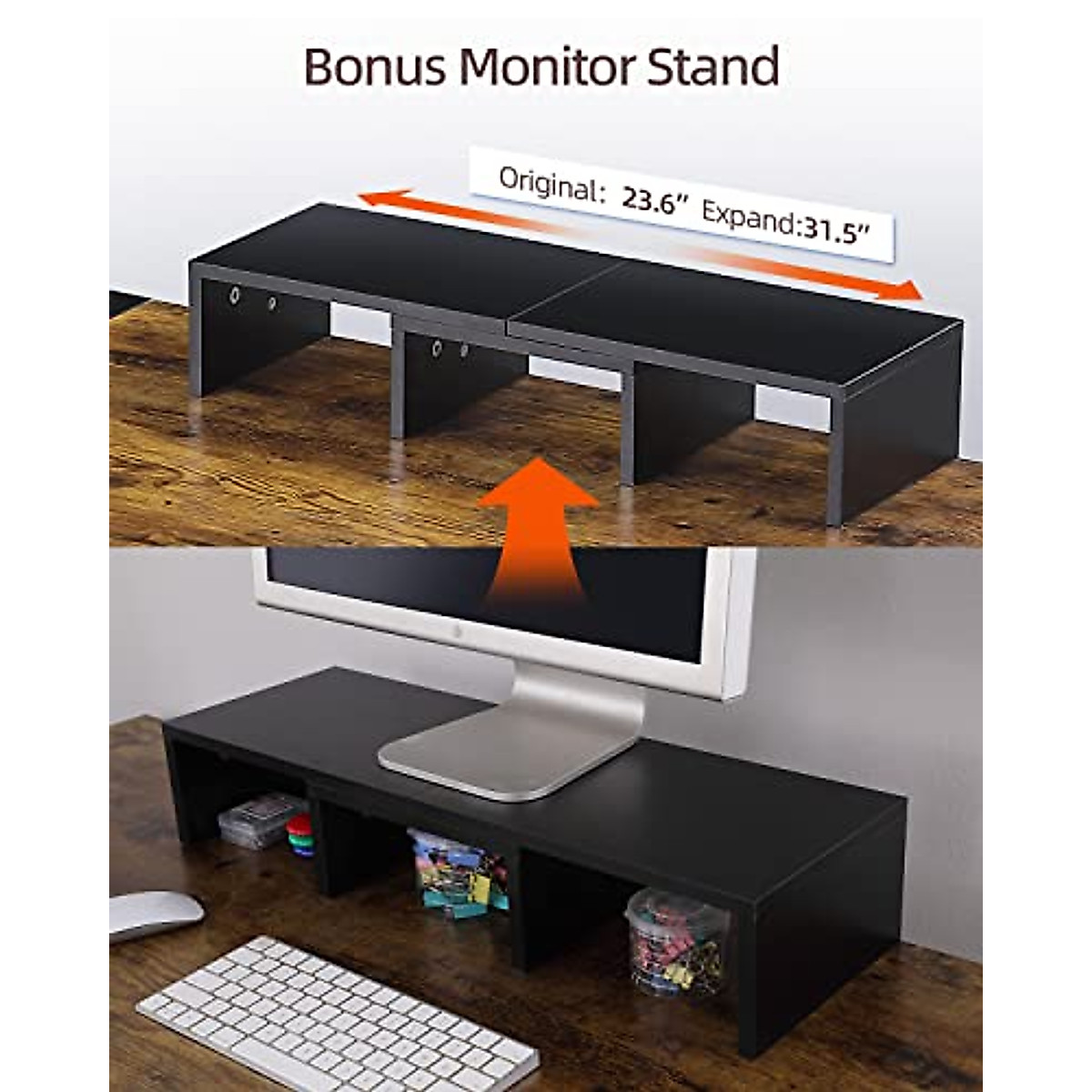 Ohuhu 55 Inch Large Computer Desk with Storage Shelves, 2-Tier Industrial Home Office Writing Study Desks with Monitor Stand Storage Bag and Hooks Laptop Work Table for Gaming Bedroom Living Room