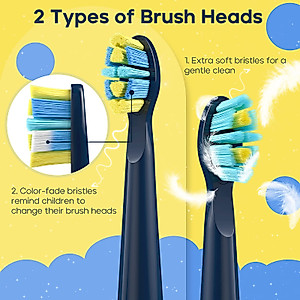 SEAGO Kids Electric Toothbrush, Sonic Soft Bristle Rechargeable Toothbrushes with DIY Stickers, 5 Modes, Includes 4 Replacement Brush Heads, Ages 3 to 12 Years Old (Navy)