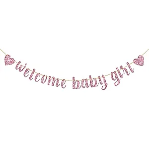 Belrew Welcome Baby Girl Banner, It's a Girl Baby Shower Decor, Gender Reveal Party, Baby Gril 1st Birthday Party Decoration Supplies, Glittery Pink