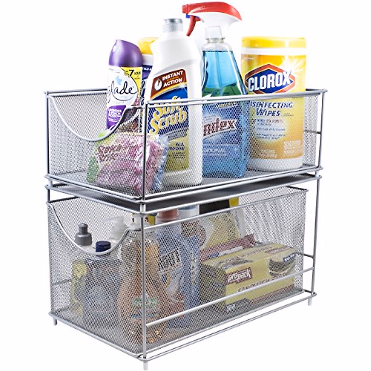 Sorbus® Cabinet Organizer Set —Mesh Storage Organizer with Pull Out Drawers—Ideal for Countertop, Cabinet, Pantry, Under the Sink, Desktop and More (Silver Two-Piece Set)