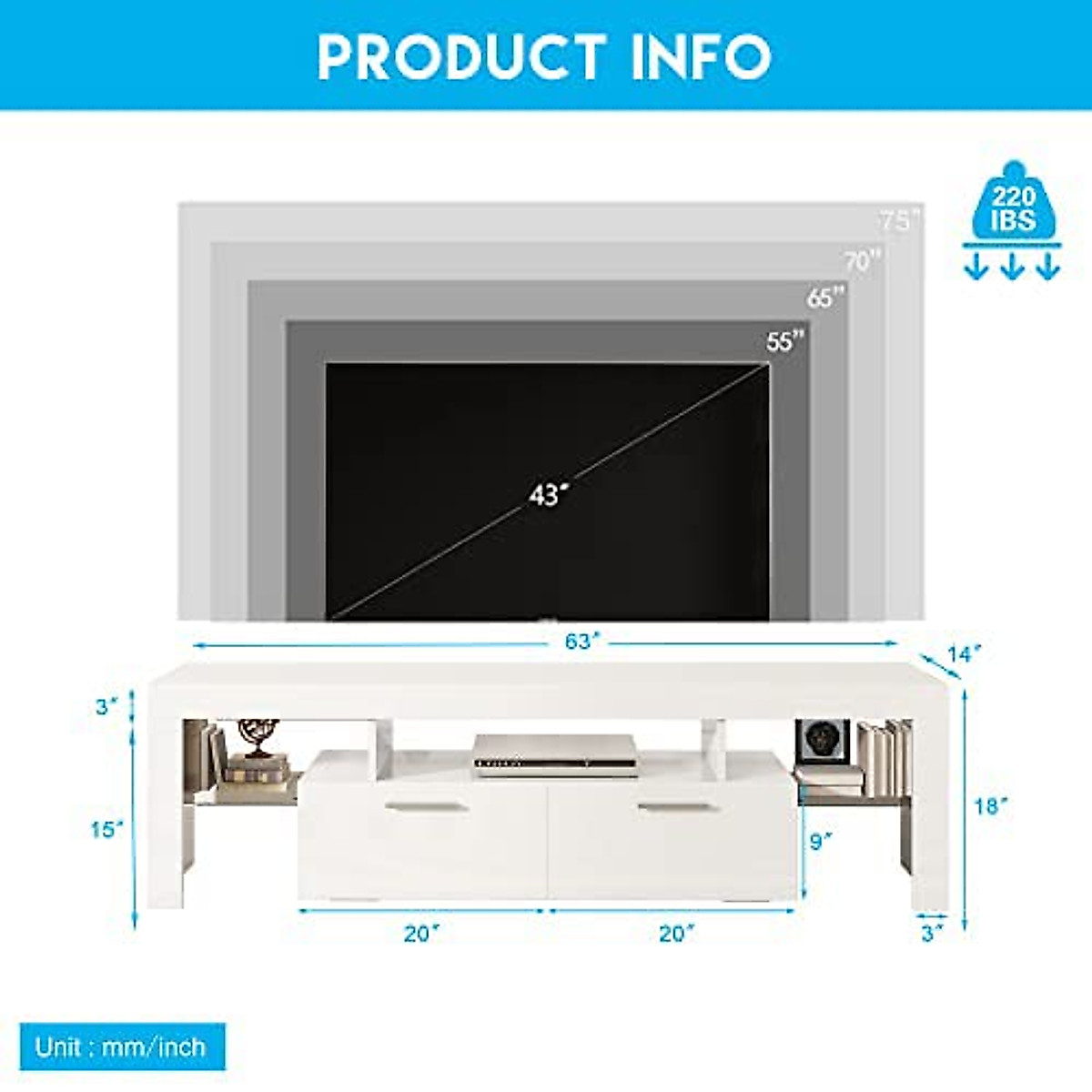 AiSONYUNG White LED 63inch TV Stand for 55 60 65 70 75 Inch TV, High Glossy Modern Entertainment Center, Large Wood TV Stand Gaming Media Cabinet with Large Storage for Bedroom Living Room and Office