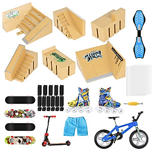 TIME4DEALS Fingerboard Skate Park Set 18 Pcs - Finger Skateboard Deck Ramp Set 8 Pieces Bigger & Mini Finger Toys Kit Handboards Scooter Skates Bike Caster Board Skateboards for Kids Gifts
