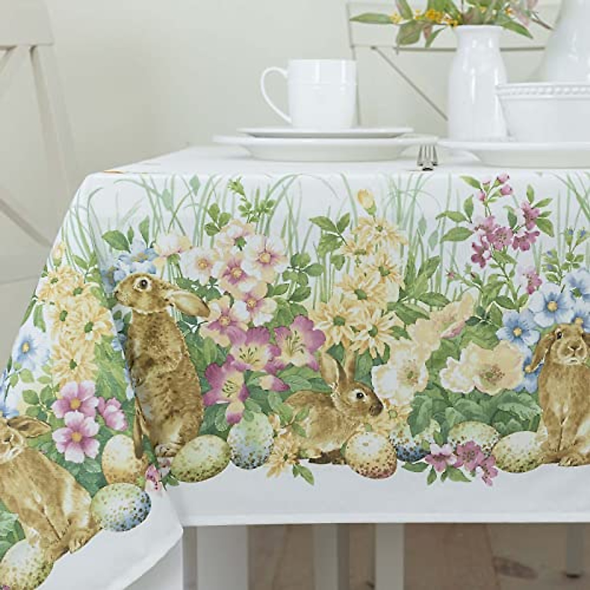 Benson Mills Blooming Bunnies Fabric Easter Tablecloth, Spillproof Indoor/Outdoor Spring and Easter Table Cloth (Blooming Bunnies, 60" X 120" Rectangular)