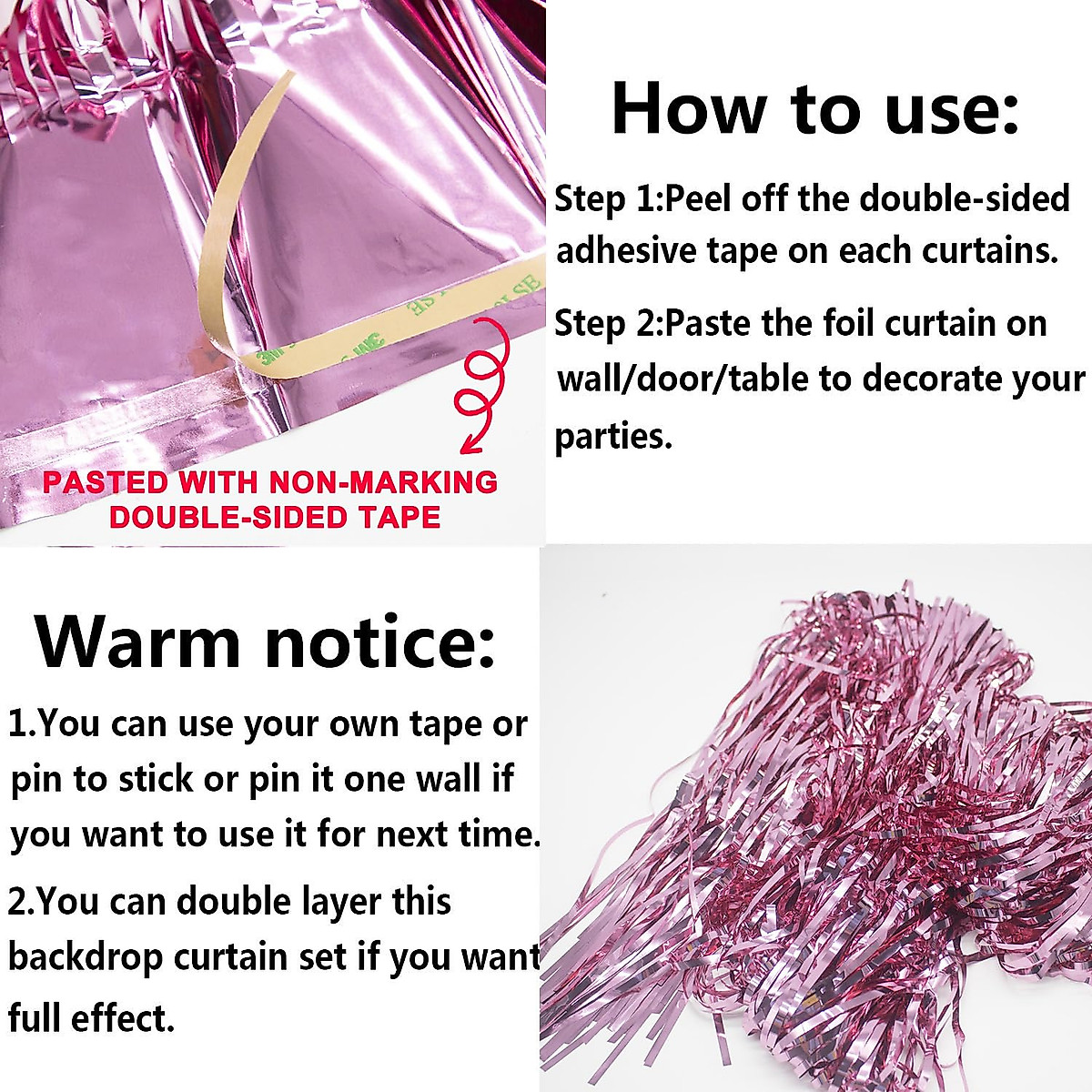 Pink Backdrop Curtain for Party Decorations -6.5x8.2ft, Pack of 2 | LILF Pink Streamers Tinsel with Non-Marking Tape, Foil Fringe Curtain for Birthday Baby Shower Party Supplies Photobooth Props