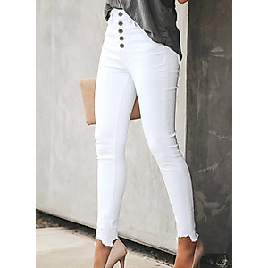 Sidefeel Women's White Jeans High Waisted Skinny Button Fly Raw Hem Elegant Denim Pants Size 10