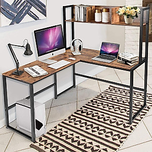 Tangkula Reversible L-Shaped Desk with Hutch, Space Saving Corner Computer Desk with Storage Shelves, Home Office Study Writing Desk Computer Workstation with Storage Bookshelf, Gaming Desk