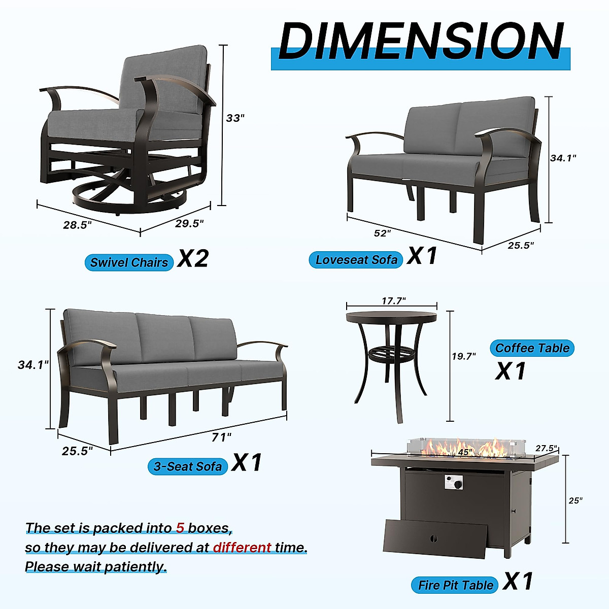Gotland 7-Seater Outdoor Metal Patio Furniture Set with 2 Swivel Rocking Chairs & 55,000 BTU Gas Fire Pit Table with Glass Wind Guard - Patio Conversation Sectional Sofa Sets in Grey