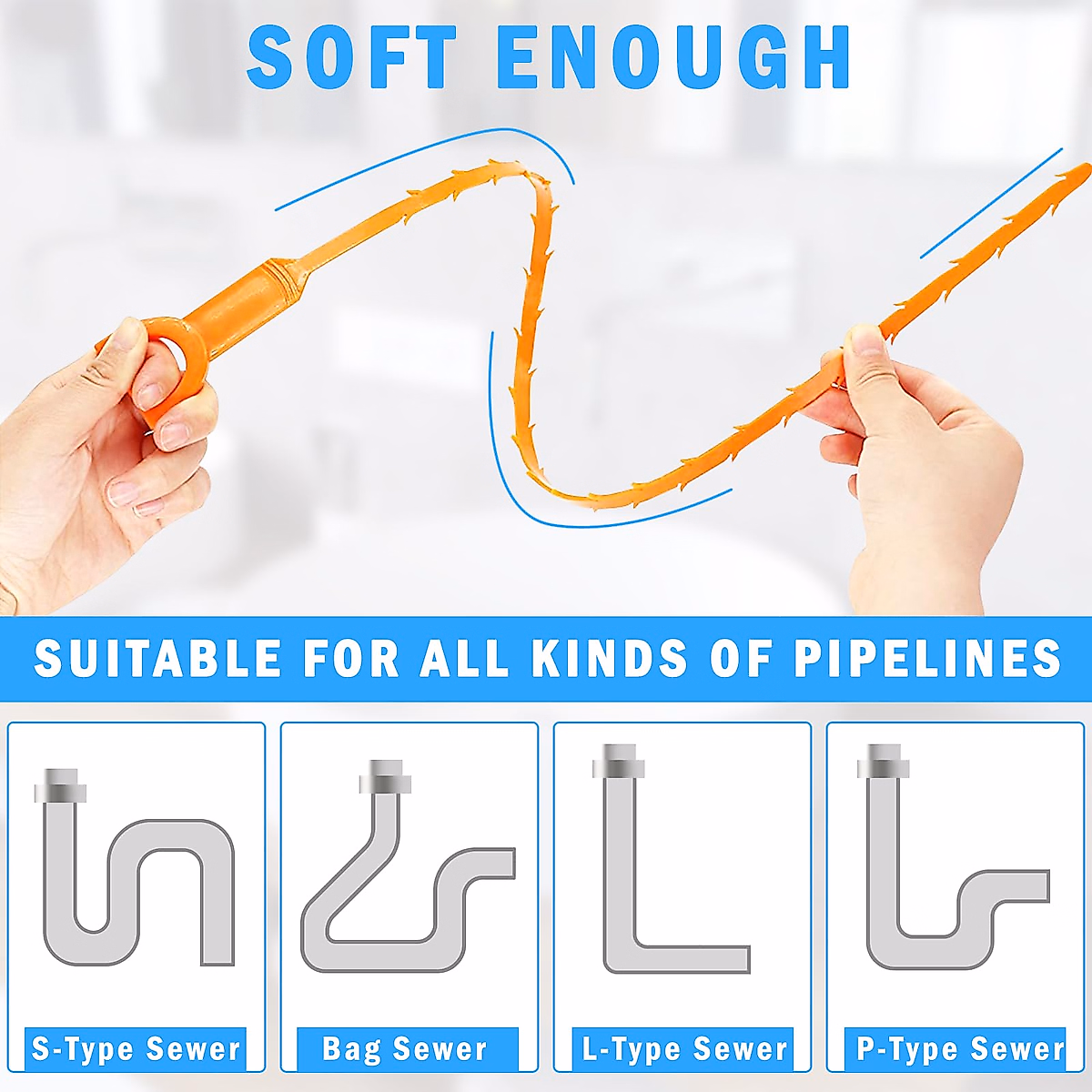 6 Pack Hair Drain Clog Cleaning Tool, ONEHERE Hair Drain Clog Remover Tool, Drain Augers Hair Catcher Tools for Kitchen, Sink Bathroom, Tub Toilet