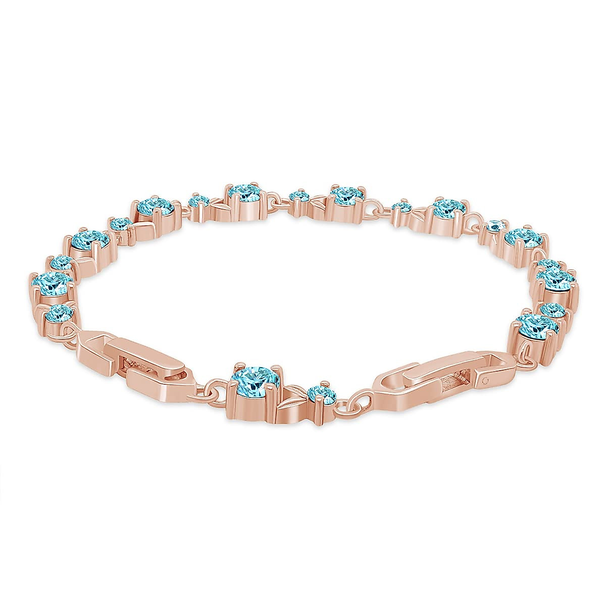 AFFY 14k Rose Gold Over Sterling Silver Leaf Shape Tennis Bracelet Round Shape Simulated Aquamarine 7.25"