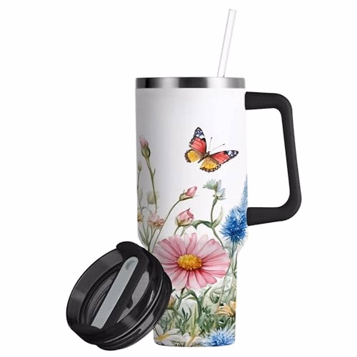 Flradish 30oz Tumbler with Handle, Daisy Flowers Stainless Steel Tumbler with Lid and Straws Double Wall Vacuum Insulated Leakproof Coffee Travel Mug