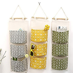 Votono Hanging Storage Bag Wall Mounted 3-Bag Door Organizer Linen Cotton Fabric 2 Pack for Room and Bathroom (2 Pack Green)
