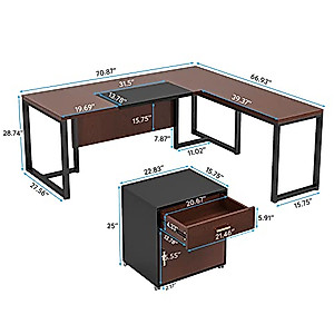 Tribesigns 70 Inches Executive Desk with File Cabinet, Large L Shaped Desk with Storage Cabinet, L Shaped Computer Desk with Drawer Cabinet, Dark Walnut