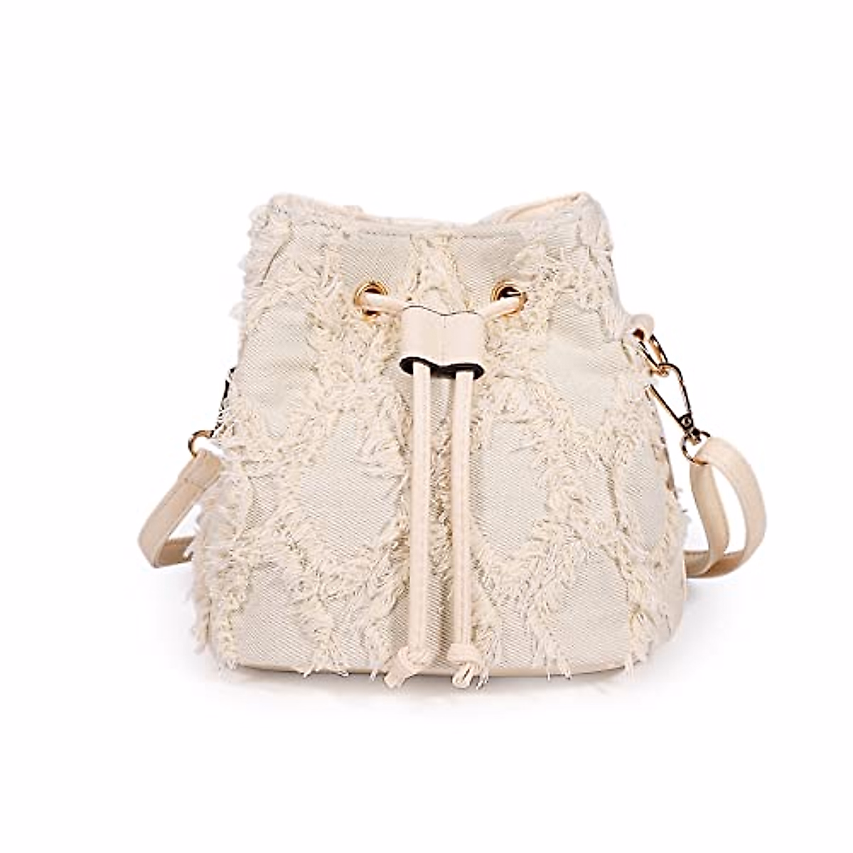 JBB Bucket Bags for Women Mini Crossbody Purse Denim Fringe Hobo Shoulder Handbag Drawstring Tote Bag White