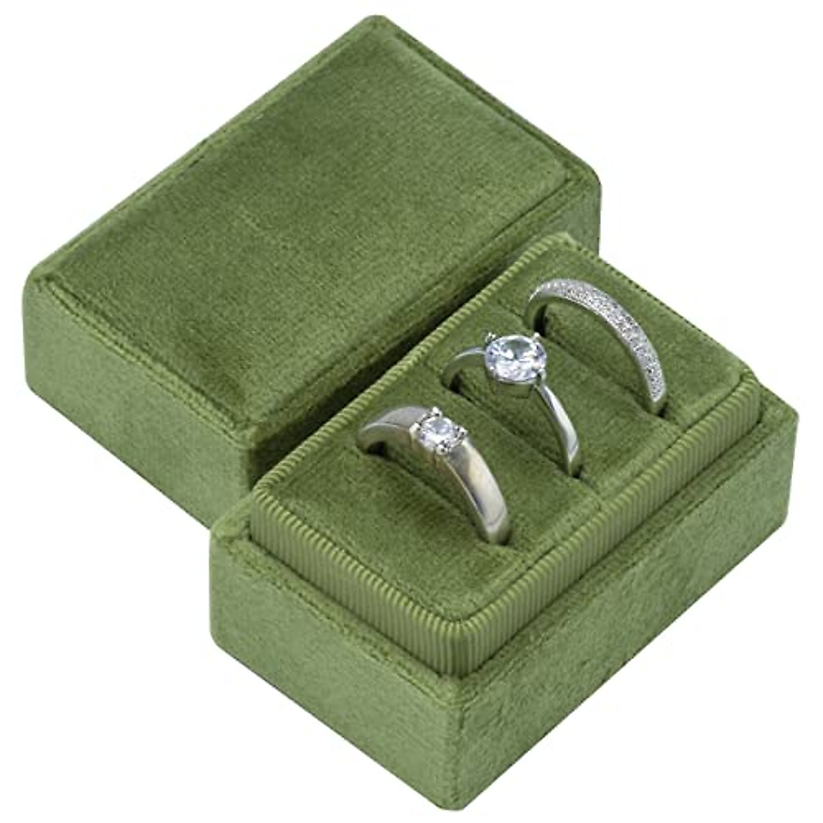 Rectangle Velvet Ring Box Storage 3 Slots for Wedding Ceremony Proposal Engagement Birthday Gift (Olive Green)
