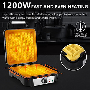 MONXOOK Belgian Waffle Maker, 4-Slice Non-Stick Square Waffle Maker, Anti-Overflow Waffle Iron with Browning Knob, Indicator Lights, Compact Design, Recipes Included, 1200W, Silver/Black