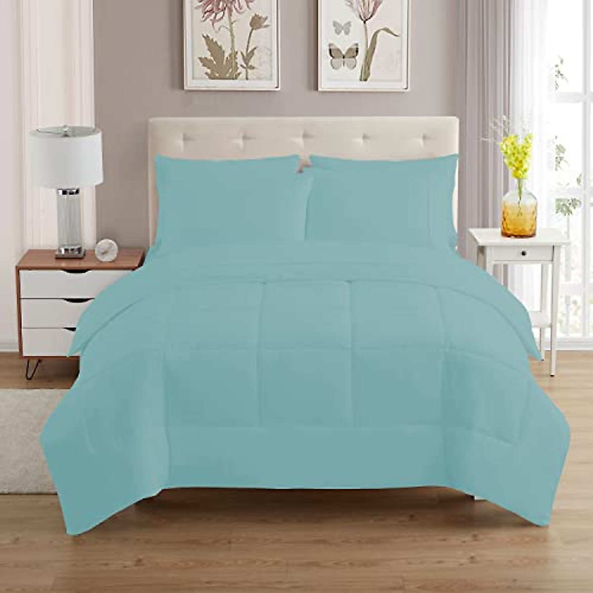 Sweet Home Collection 7 Piece Comforter Set Bag Solid Color All Season Soft Down Alternative Blanket & Luxurious Microfiber Bed Sheets, Misty Blue, Full