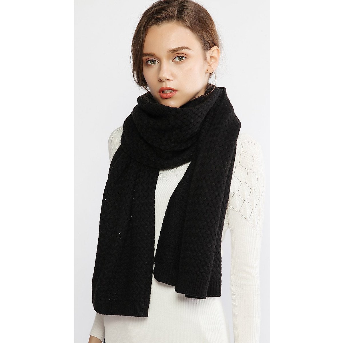 RIIQIICHY Winter Scarfs for Women Cold Weather Chunky Knit Scarf Warm Thick Black Scarf Long Large Oversized Scarves