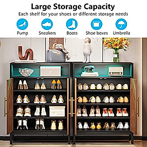 Tribesigns Shoe Cabinet with Doors and Shelves, 16 Pairs Entryway Shoe Storage Cabinet with Led Light, 5-Tier Free Standing Shoe Racks Storage Organizer for Closet, Living Room, Bedroom (Brown/Black)