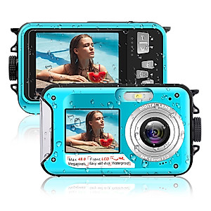 Digital Camera 10FT Waterproof Digital Camera 2.7K 48MP 16X Zoom in Waterproof Camera Selfie Dual Screens Underwater Camera for Snorkeling, Blue