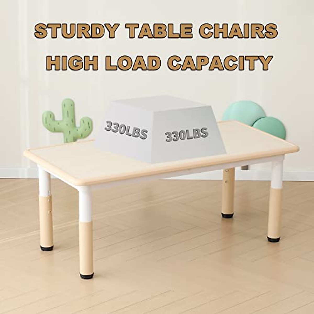 JIAOQIU Kids Table and Chair Set Height Adjustable Toddler Table and 4 Chairs Set Kid Activity Art Table Plastic Children Study Table for School Home Graffiti Table for Ages 2-12 Wood Grain Burlywood