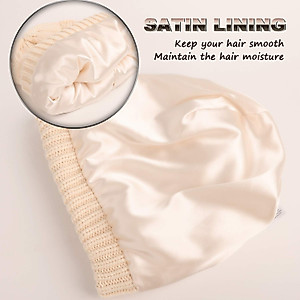 Winter Knit Beanie for Women Satin Lined Cable Thick Chunky Cap Mens Soft Lined Slouchy Warm Hat Beige