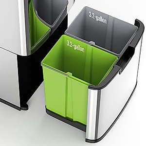 Silver 16 Gallon Stainless Steel Kitchen Separation Trash Can with Smart Automatic Motion Sensor Lid and Removable Dual Compartment Plastic Inner Buckets, Thickened Stainless Steel Smart Garbage Can