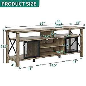 YITAHOME Industrial TV Stand for TVs up to 65 Inch with Power Outlet, Rustic Farmhouse Entertainment Center, Wood TV Media Console and Adjustable Shelves, 300 Capacity, Grey Wash