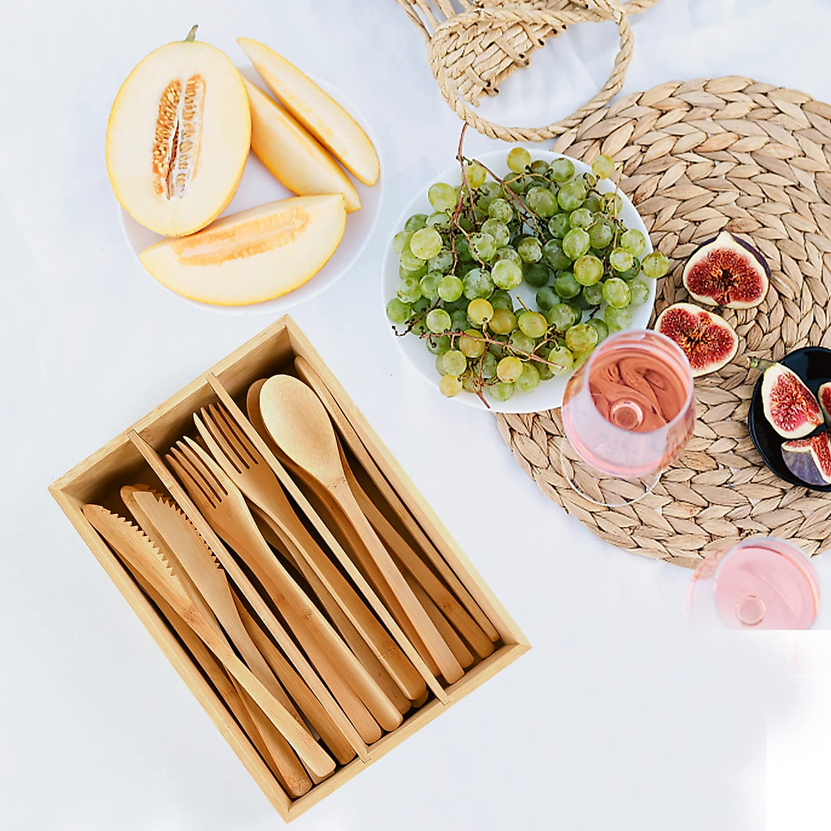 Bamboo Cutlery Reusable with Silverware Organizer, 16Pcs Bamboo Flatware Set with Bamboo Forks Spoons Knives, Reusable Bamboo Cutlery with Portable Storage Case for Home and Travel Camping Hiking
