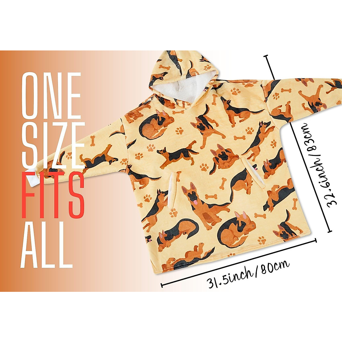 Huglanket German Shepherd Gifts for Women Men, Wearable Flannel Blanket Hoodie, Oversized Hooded Sweatshirt, One Size, Cartoon