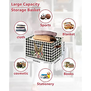 Easter Storage Bins with Handles, Rabbit Ears Eucalyptus Leaves Flower Black Buffalo Plaid Storage Basket for Shelves, Cube Storage Organizer Bins for Toys, Closet (1 Pack, 15" x 11" x 9.5")