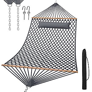 TONAHUTU 13FT Hammocks, Traditional Hand Woven Cotton Rope Hammock with Free Extension Chains for Outdoor Indoor Patio Yard 450 LSB Capacity for Two Person (Dark Grey)