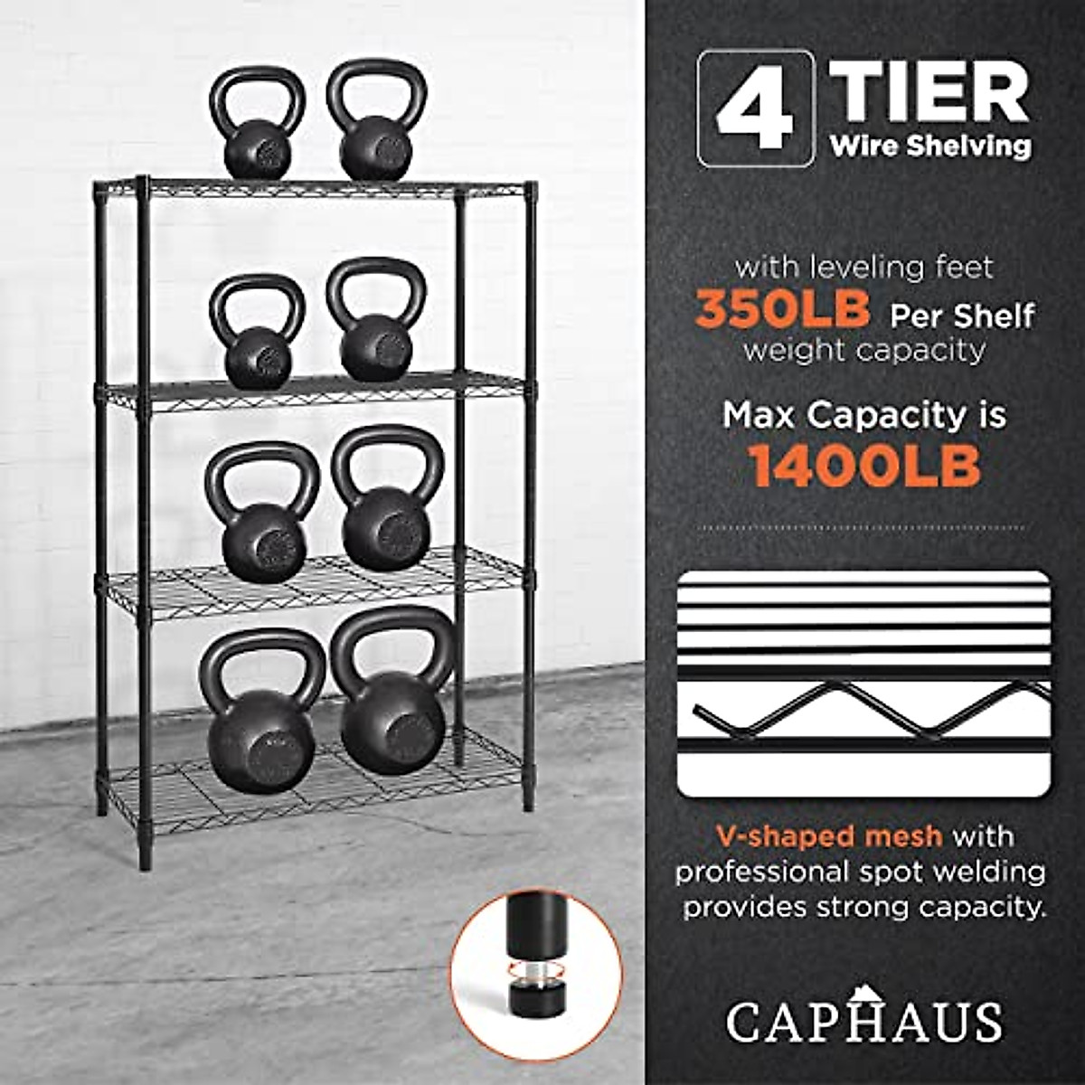 CAPHAUS 4-Tier Adjustable Height Wire Shelving Unit, Wire Rack Shelving, Metal Steel Storage Shelves, Garage Shelving Storage Organizer, Utility Storage Shelf, Without Wheels, Black