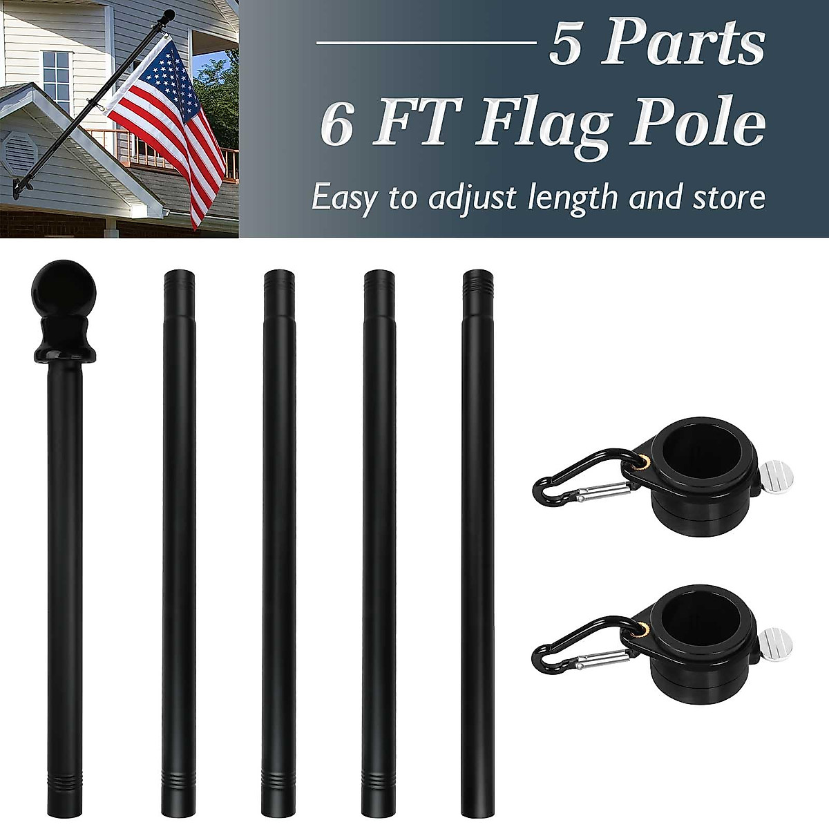 HOOSUN 6 FT Flag Pole Kit with 2 Rotating Rings and Flag Pole Clips,Flag Poles for Outside House,Black Stainless Steel Adjustable Pole for Commercial Or Residential